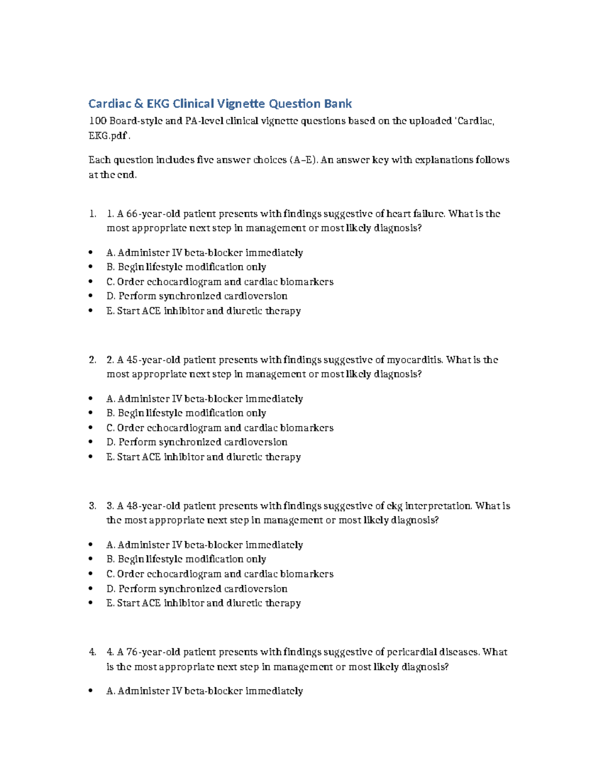 Cardiac & EKG Clinical Vignette QBank: 100 Practice Questions - Studocu