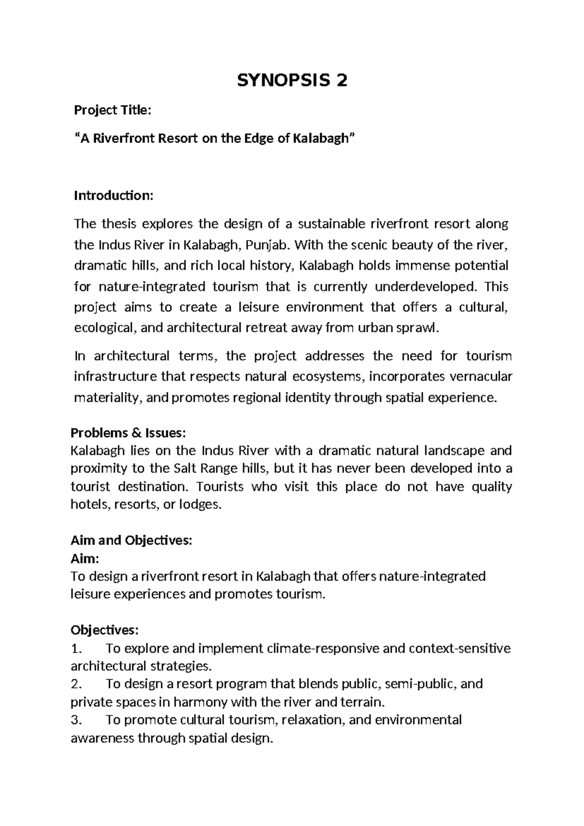 SYNOPSIS 2: Sustainable Riverfront Resort Design in Kalabagh - Studocu