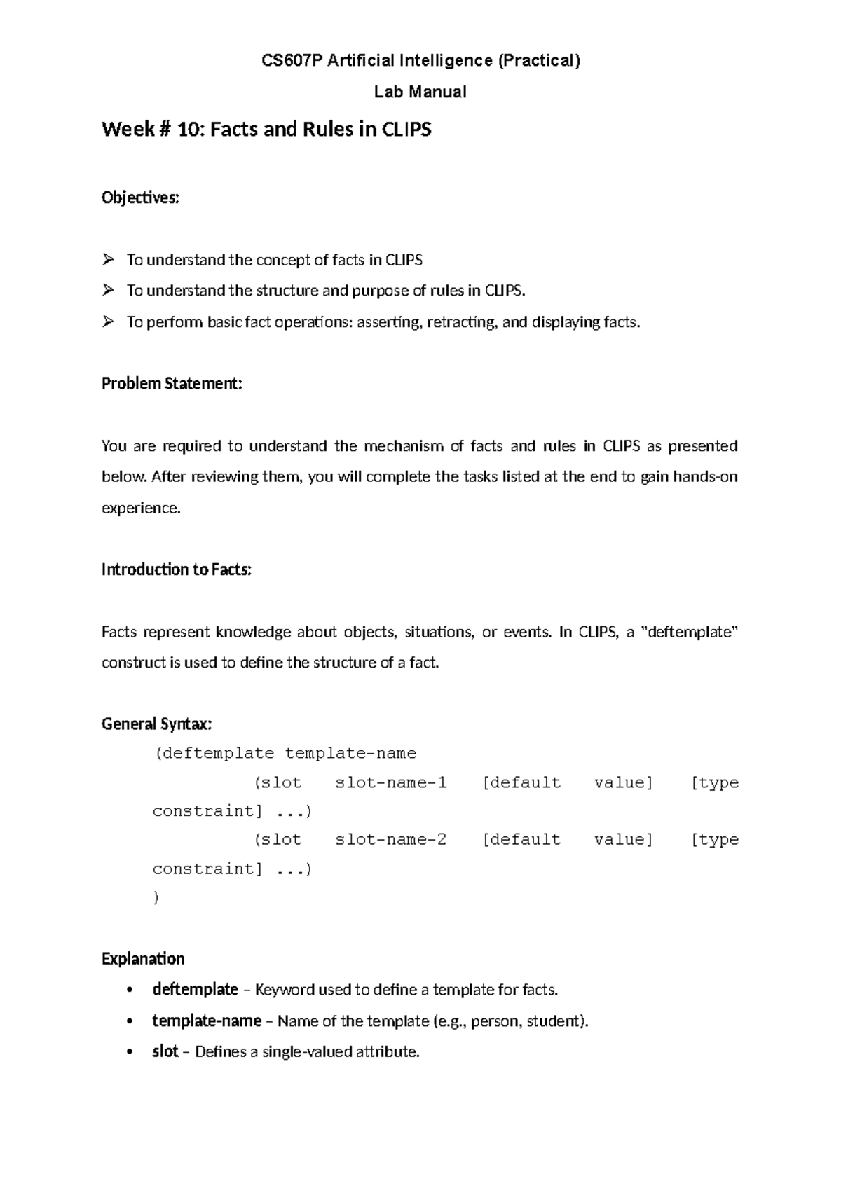 CS607P AI (Practical) Lab Manual: Week 10 - Facts & Rules in CLIPS ...