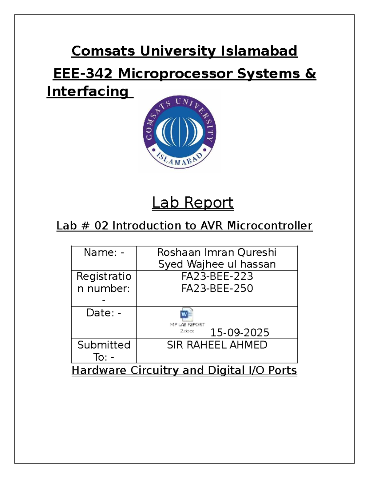 COMSATS University Islamabad: Microprocessor Systems Lab Report 02 - Studocu