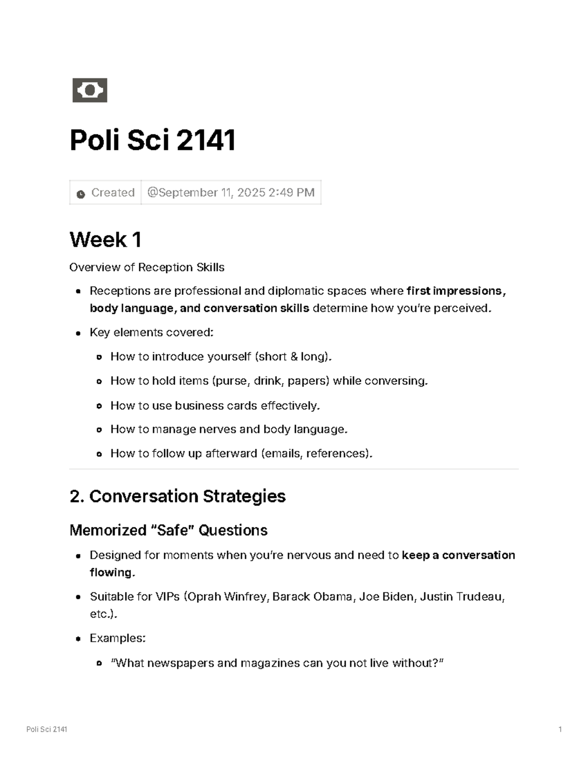 Poli Sci 2141 - Comprehensive Lecture Notes on Reception Skills and ...