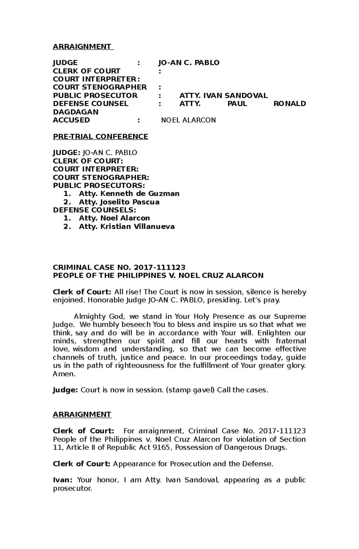 Script for Arraignment & Pre-Trial: Criminal Case No. 2017-111123 - Studocu