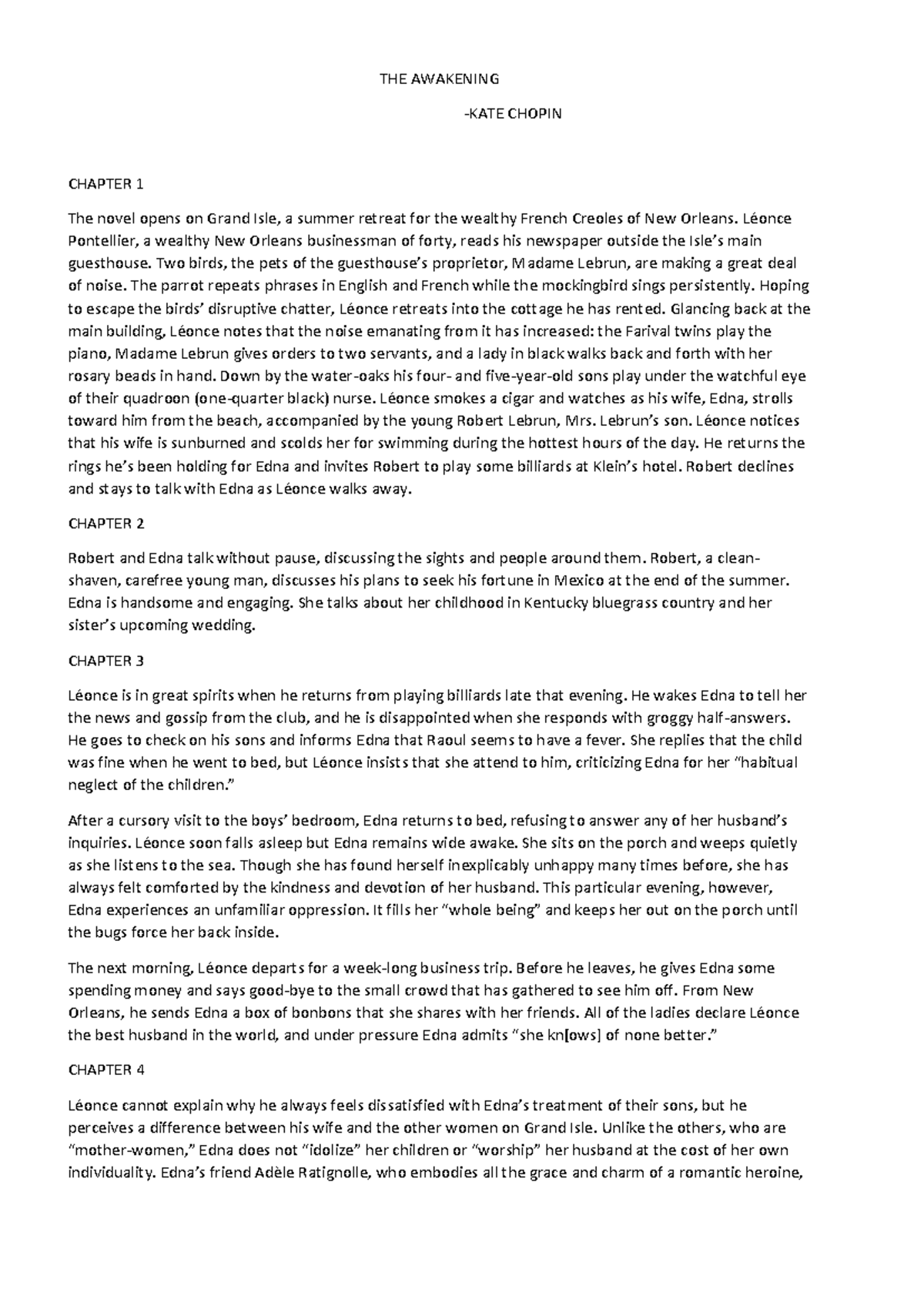 THE AWAKENING (CHOPIN) Chapter Summary and Analysis Notes - Studocu
