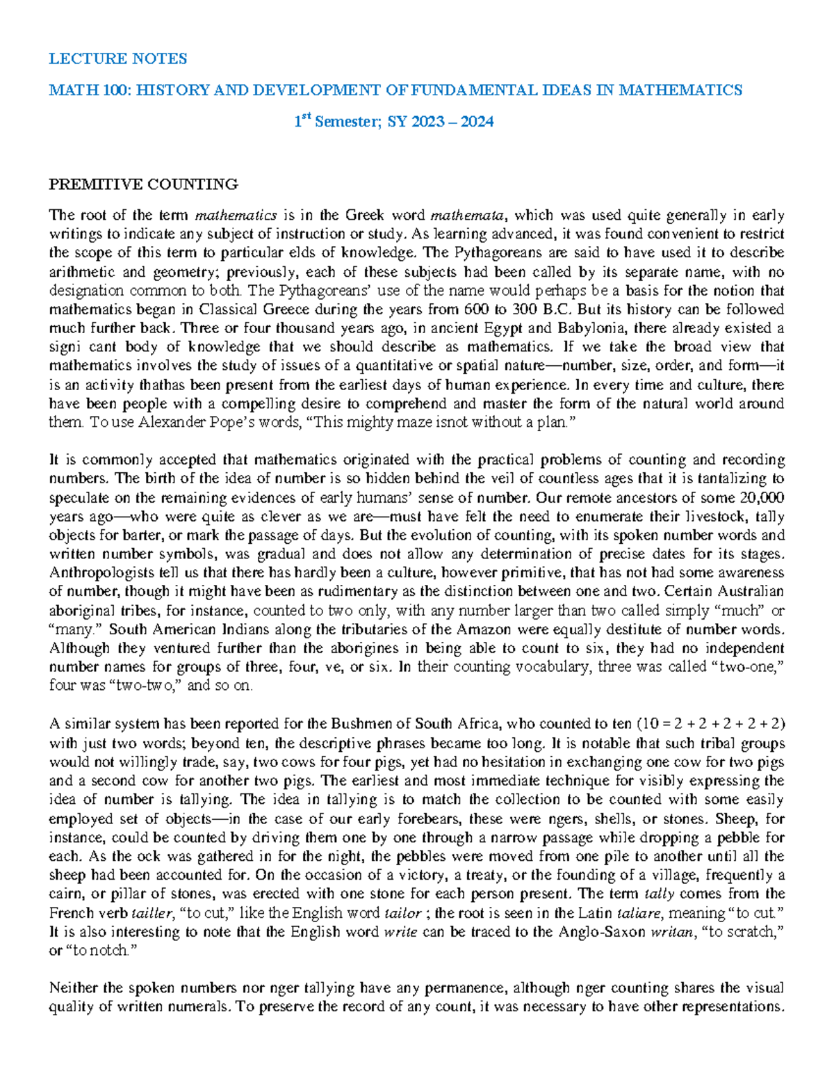 Lecture Notes for MATH 100: Fundamental Concepts in Math History - Studocu