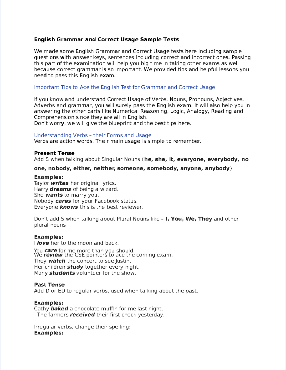 English Grammar & Correct Usage Sample Tests for Civil Service Exam ...