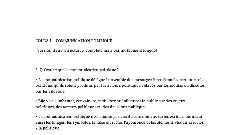 Cours 1 Communication Politique : Concepts et Acteurs Essentiels - Studocu