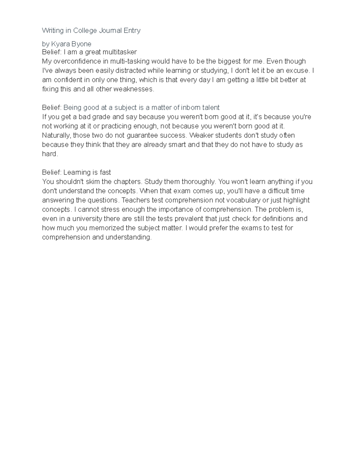 College Writing Journal Entry Reflection on Learning Beliefs - Studocu