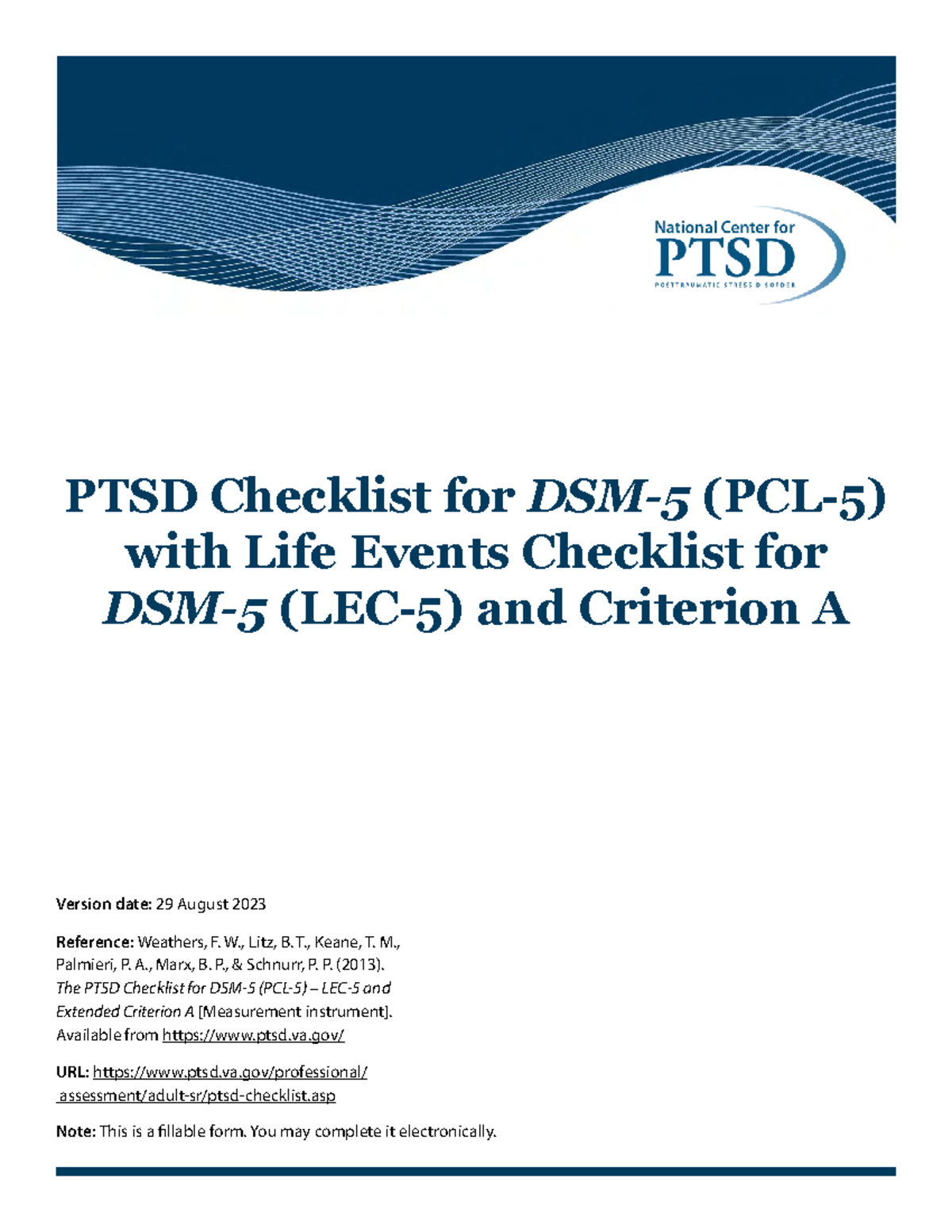 PTSD Checklist (PCL-5) & Life Events Checklist - Criterion A - Studocu