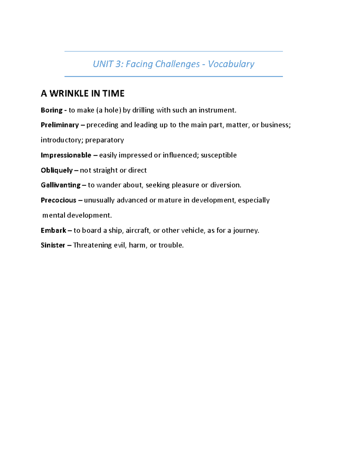 A Wrinkle In Time Vocabulary - UNIT 3: Facing Challenges - Vocabulary A ...