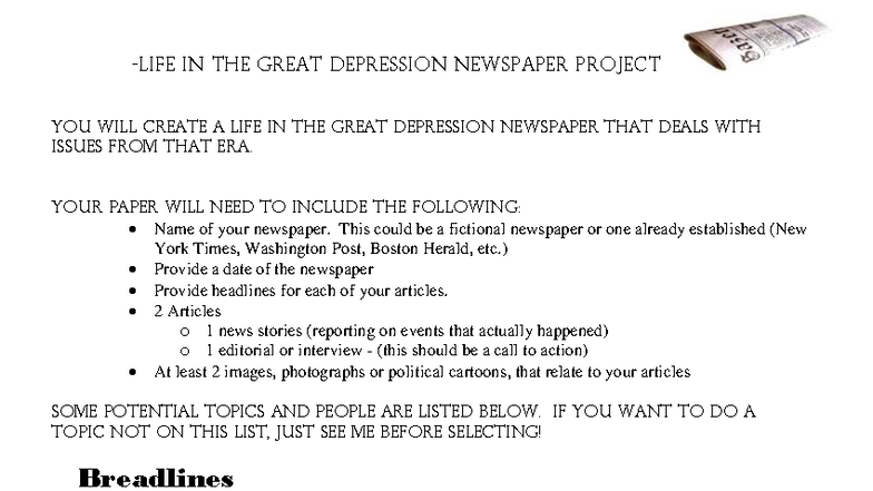 Life in the Great Depression Newspaper Project: Create Your Own Edition ...