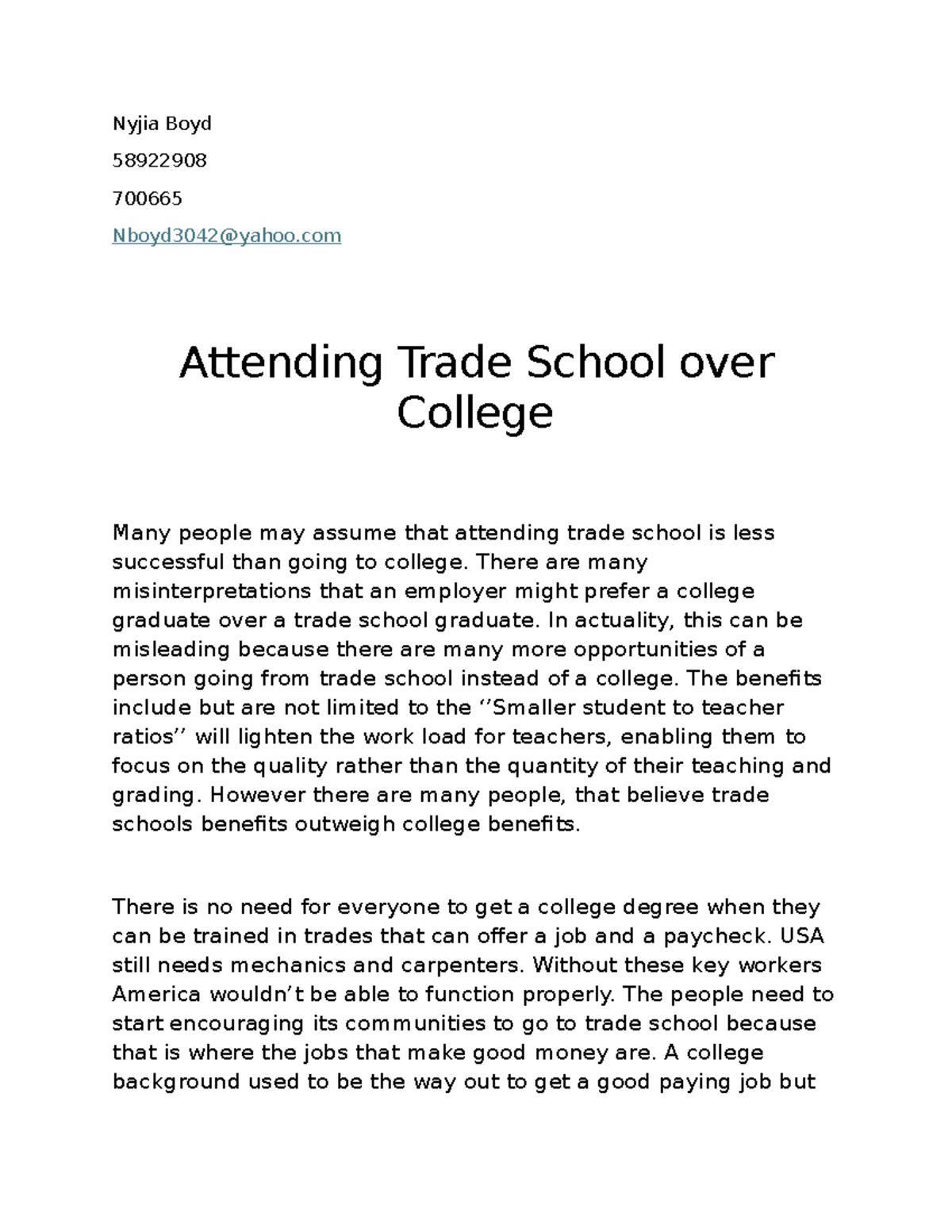 Argumentative Essay: Trade School vs College (Course Code: 700665 ...