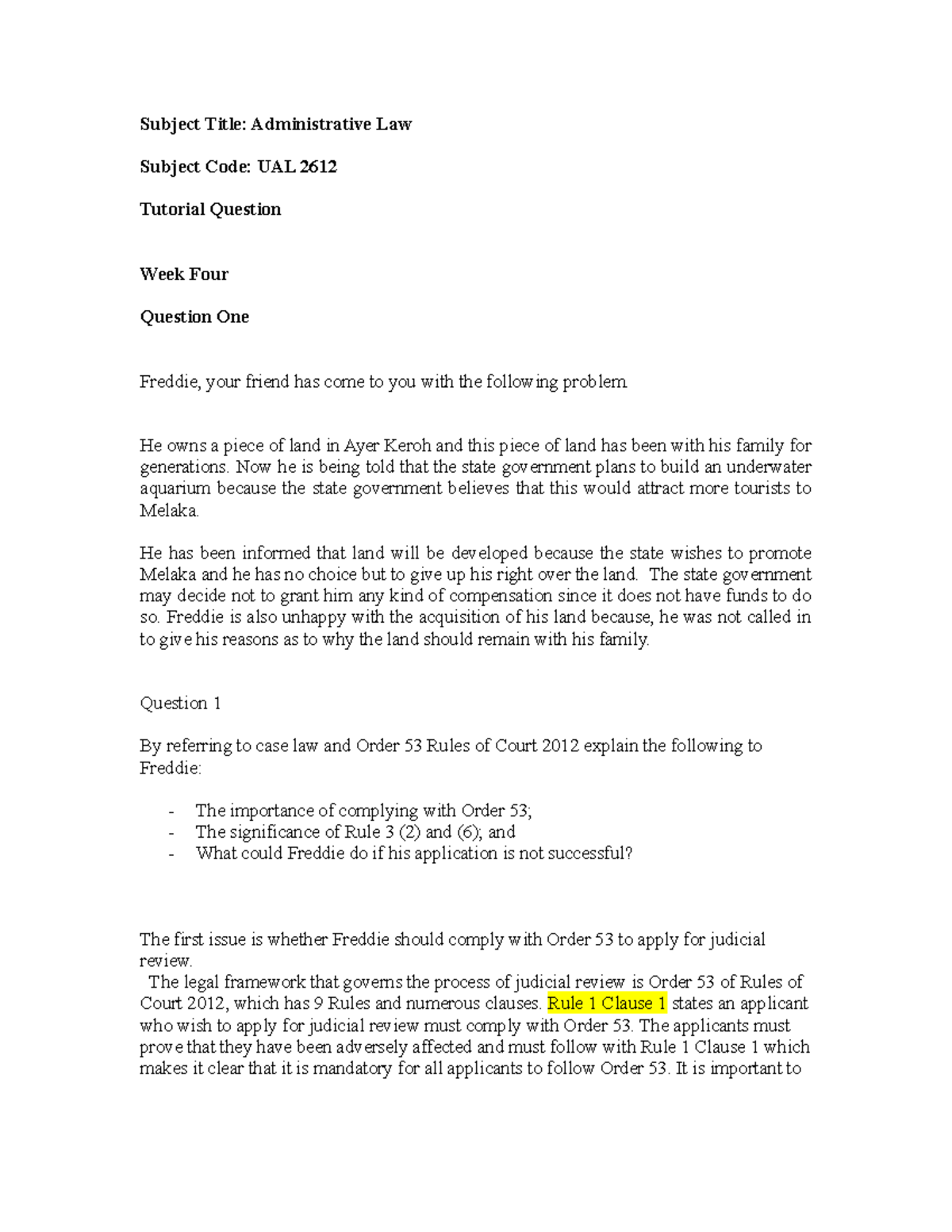 Admin Tutorial Questions Week 4 - Subject Title: Administrative Law ...