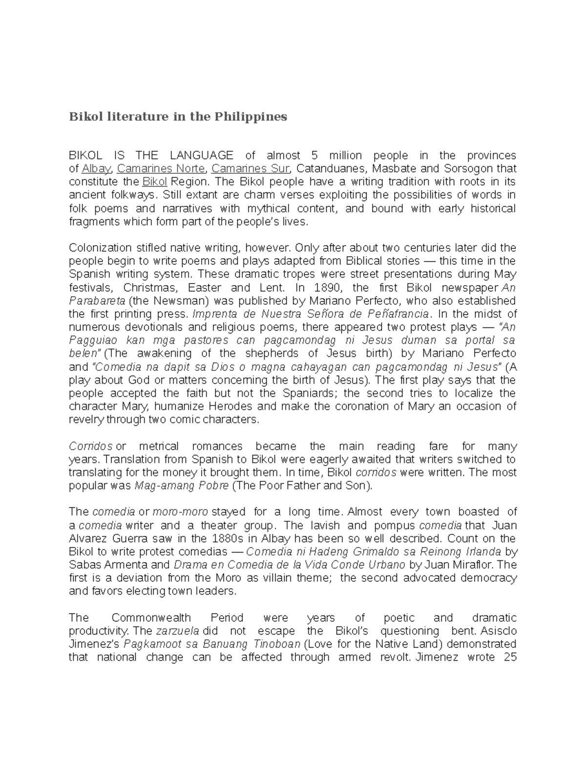 Bikol Literature: History, Culture, and Literary Development (HIST 1 ...