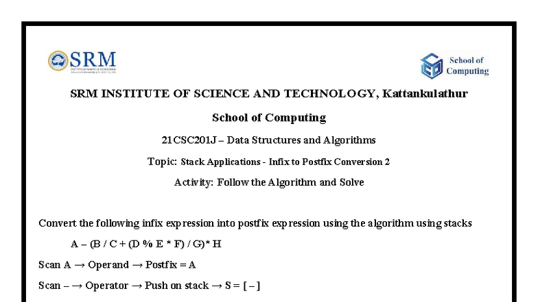 21CSC201J Data Structures: Infix to Postfix Conversion Guide - Studocu