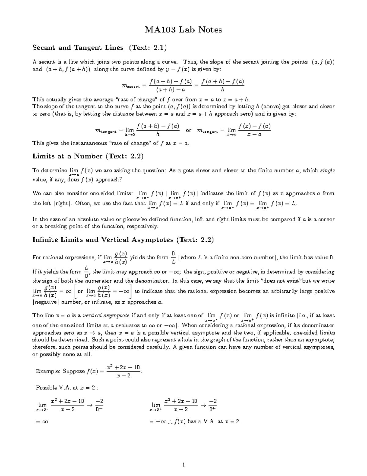 MA103 Lab 1 Notes: Secant and Tangent Lines & Limits - Studocu
