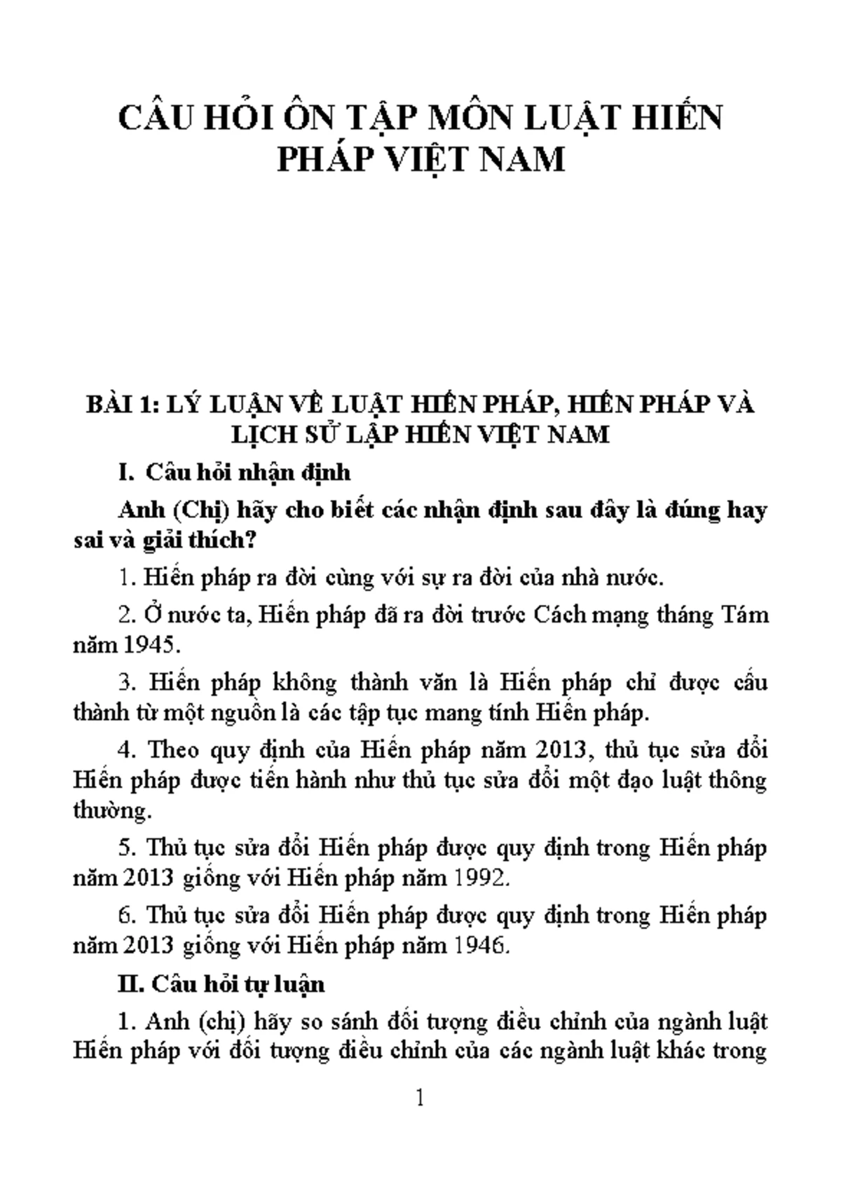 CÂU HỎI LÝ THUYẾT VÀ BÀI TẬP - CÂU HỎI NHẬN ĐỊNH Anh (Chị) hãy cho biết các nhận định sau đây là ...