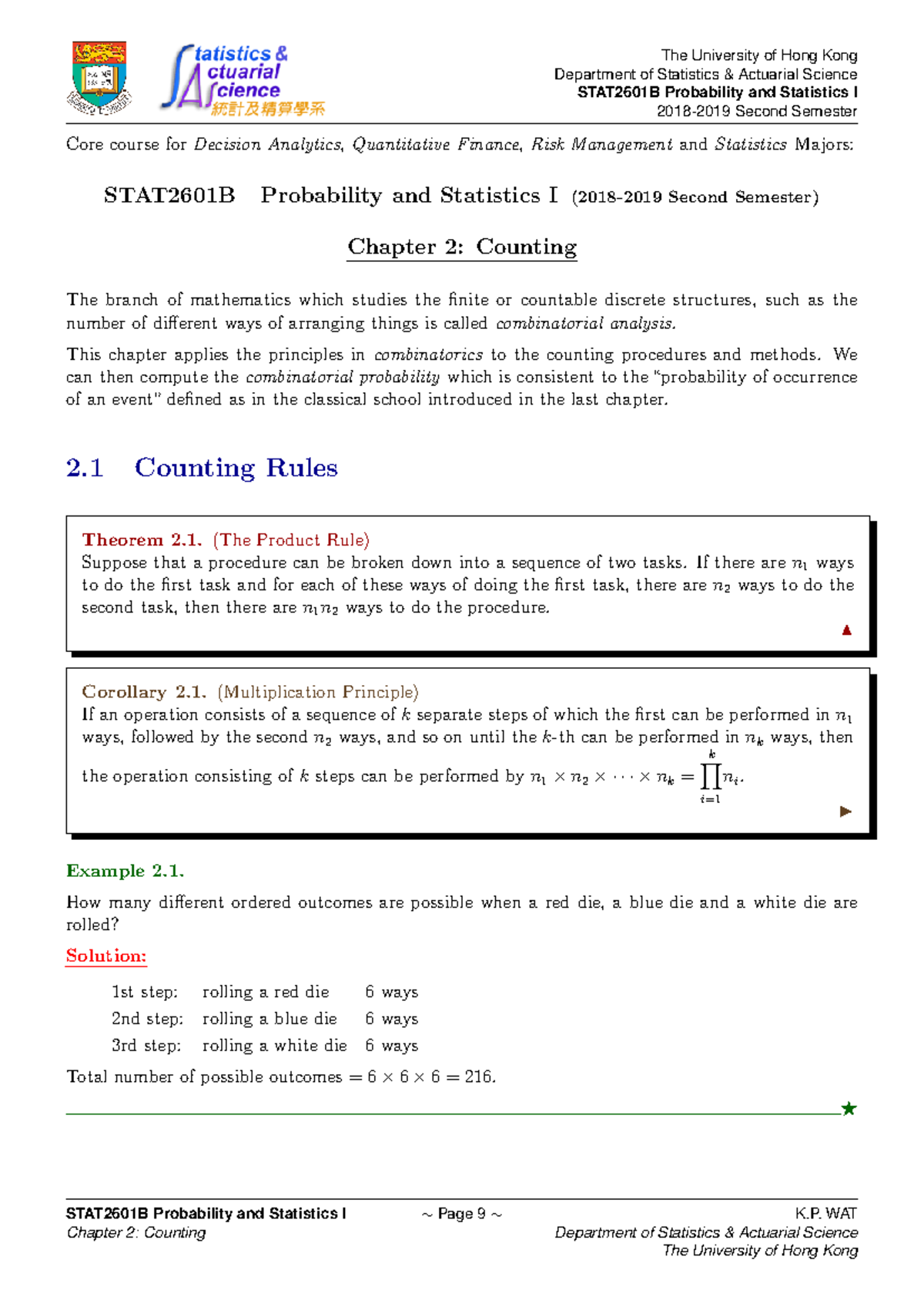 STAT2601B Probability and Statistics I: Chapter 2 - Counting Principles ...