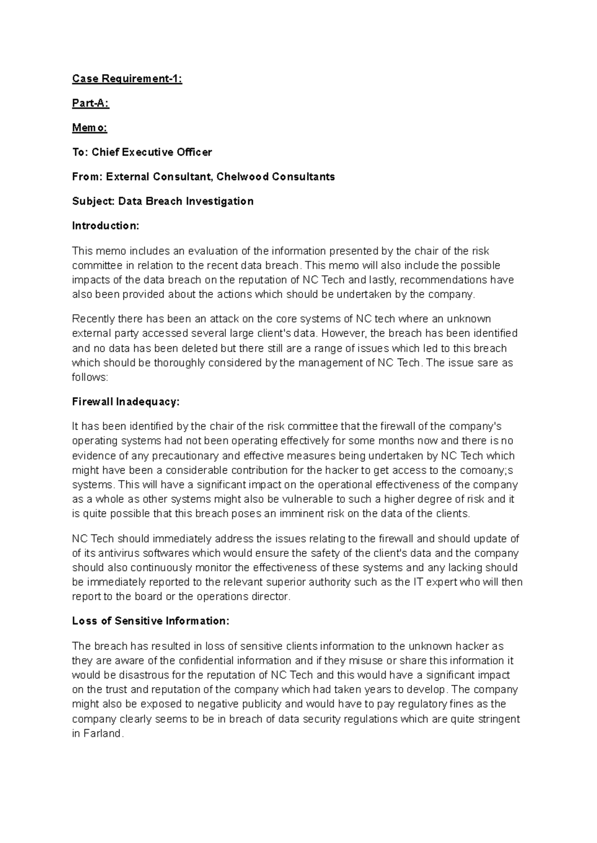 Case Memo: Data Breach Investigation & Recommendations for NC Tech ...