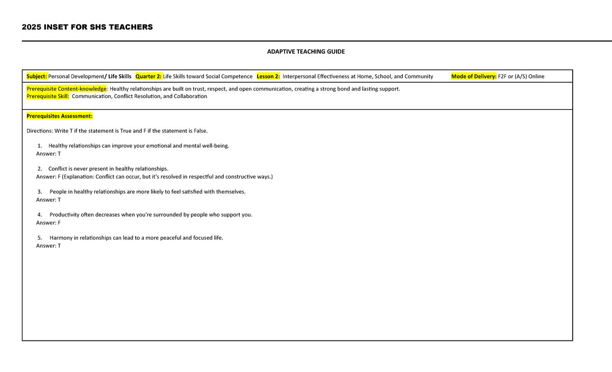 2025 INSET FOR SHS TEACHERS: Adaptive Teaching Guide on Interpersonal ...