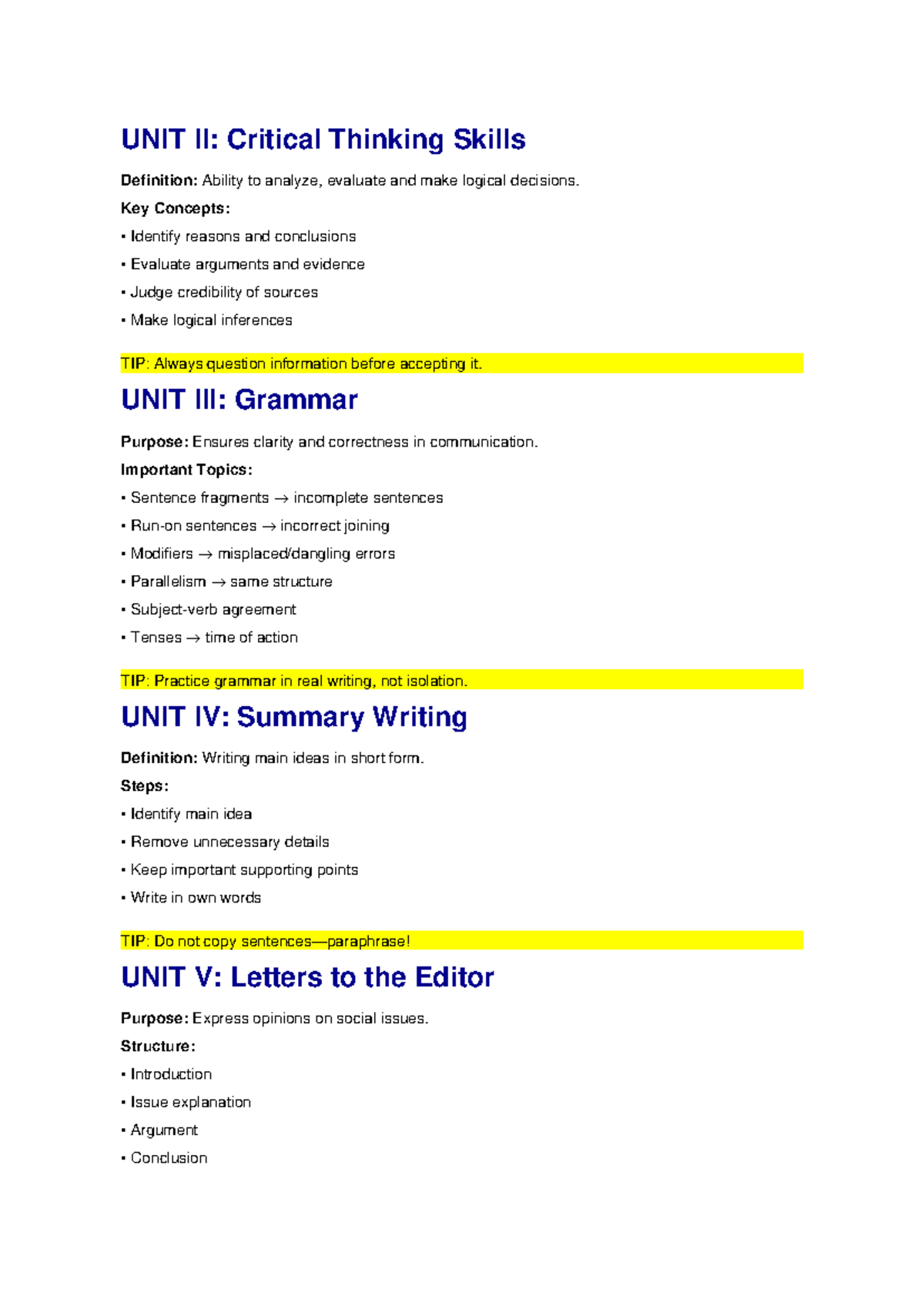 ENG 101: English Units Revision Notes on Critical Thinking & Writing ...