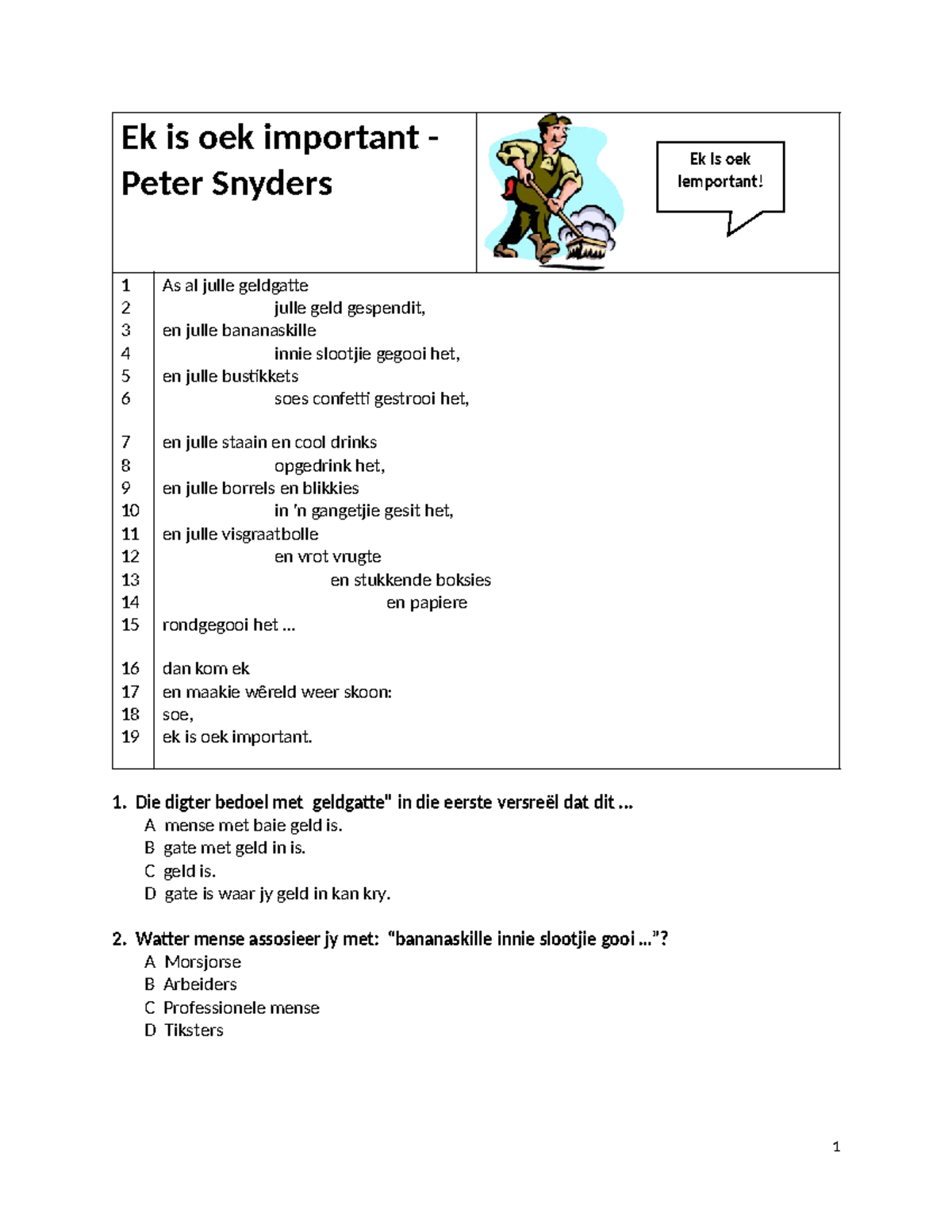 Belangrike Gedig Analise: Ek Is Oek Important - Poësie Lesing - Studocu