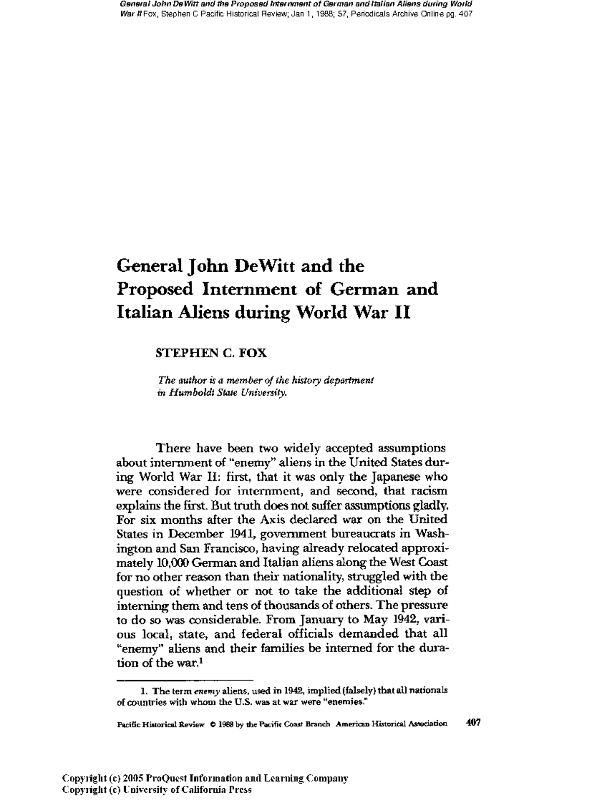 General John DeWitt and the Internment of WW II German and Italian ...