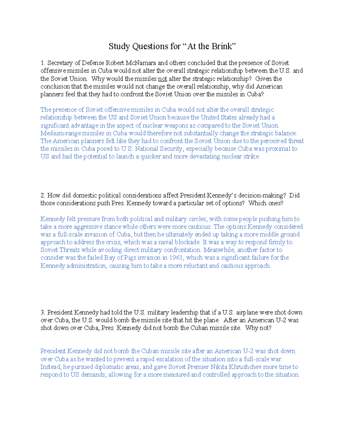 Study Questions for HIST 101: At the Brink of the Cuban Missile Crisis ...