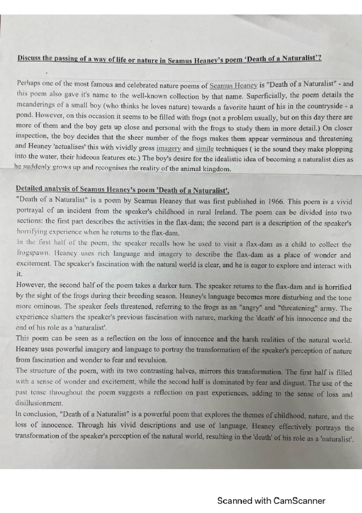 ISC Class 11 - Death of a Naturalist: Summary & Key Themes - Studocu