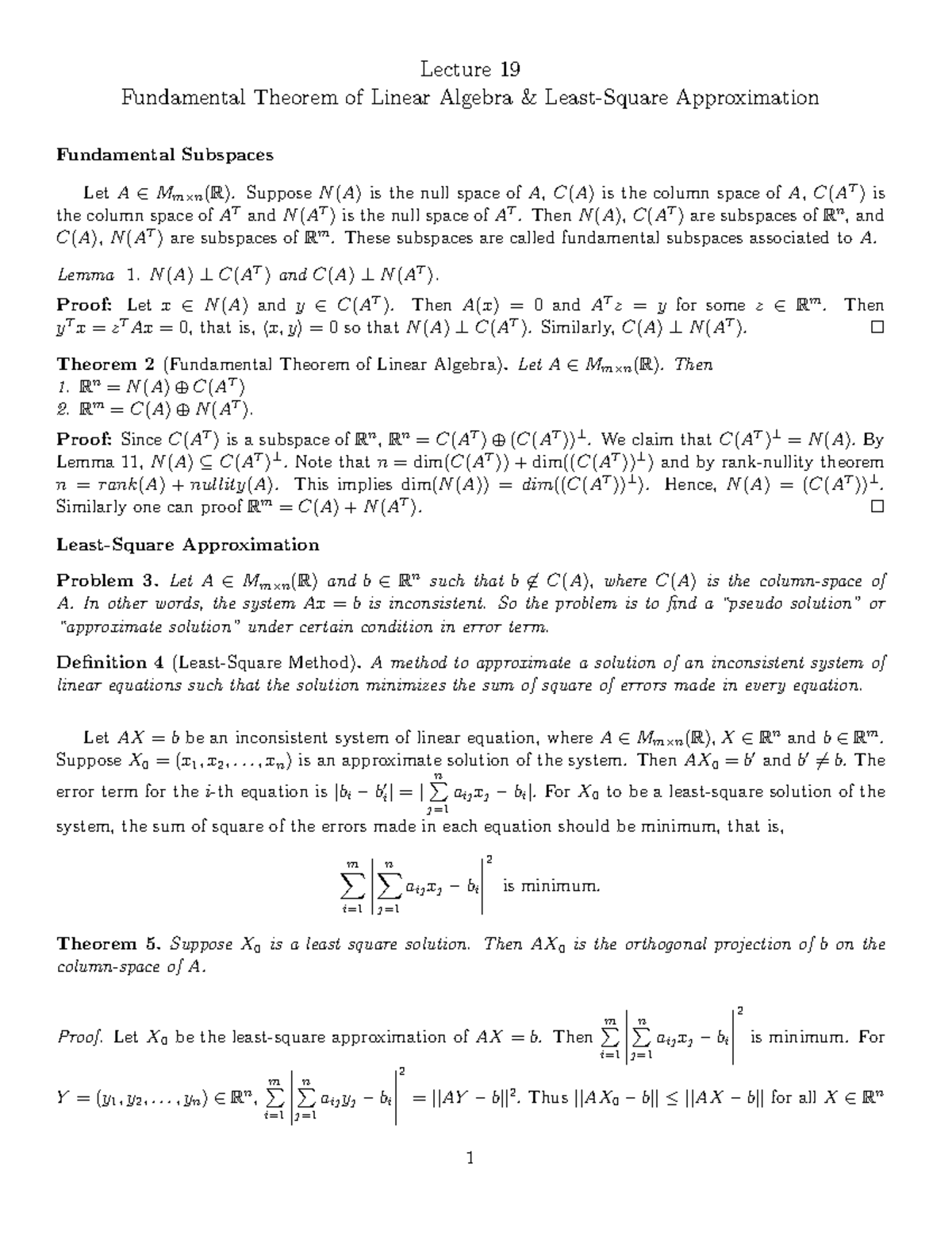 Lecture 19: Fundamental Theorem of Linear Algebra & Least Squares ...