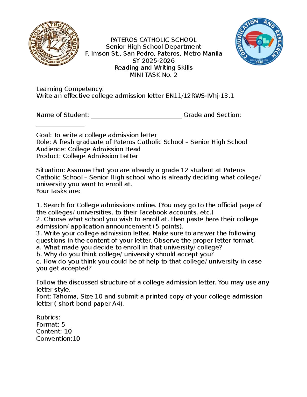 RW Minitask 2: Writing a College Admission Letter - Studocu