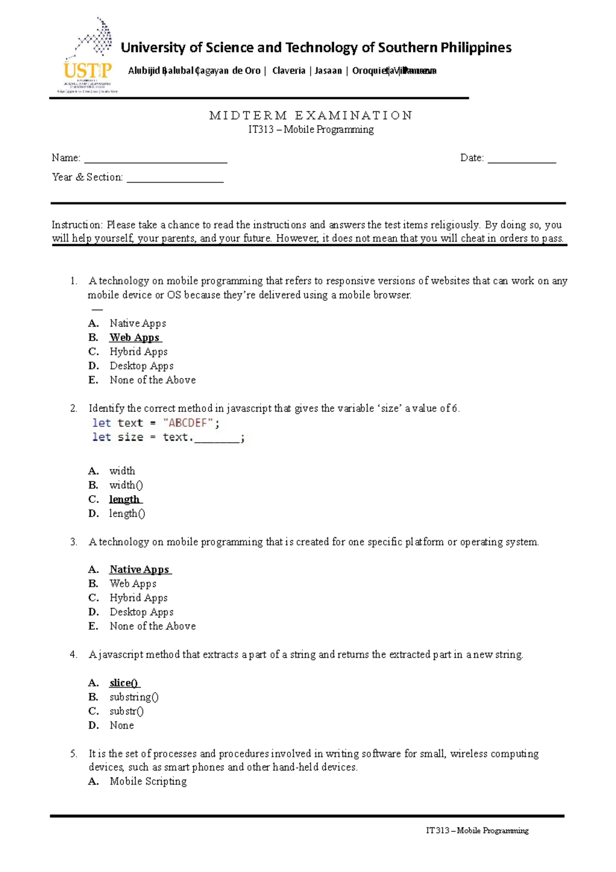 IT313 Mobile Programming Midterm Exam Questions and Answers - Studocu