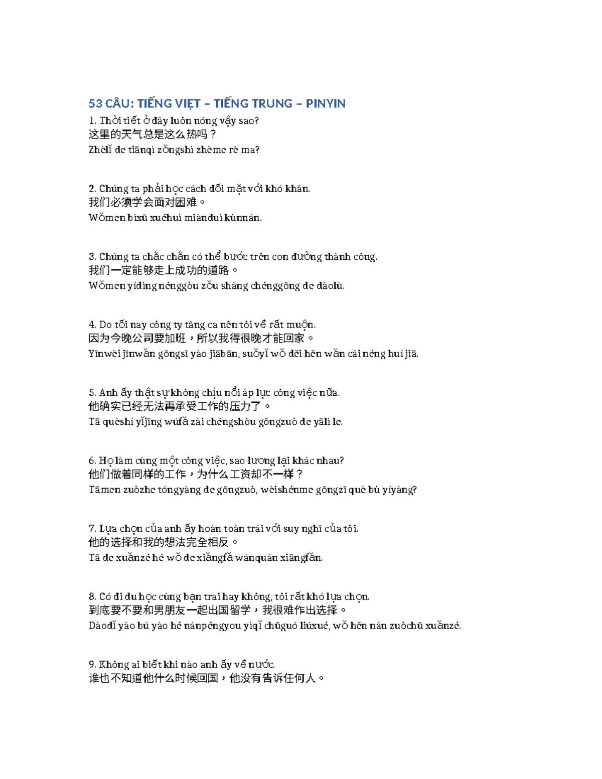 53 CÂU TIẾNG VIỆT TIẾNG TRUNG PINYIN - TÀI LIỆU ĐẦY ĐỦ - Studocu