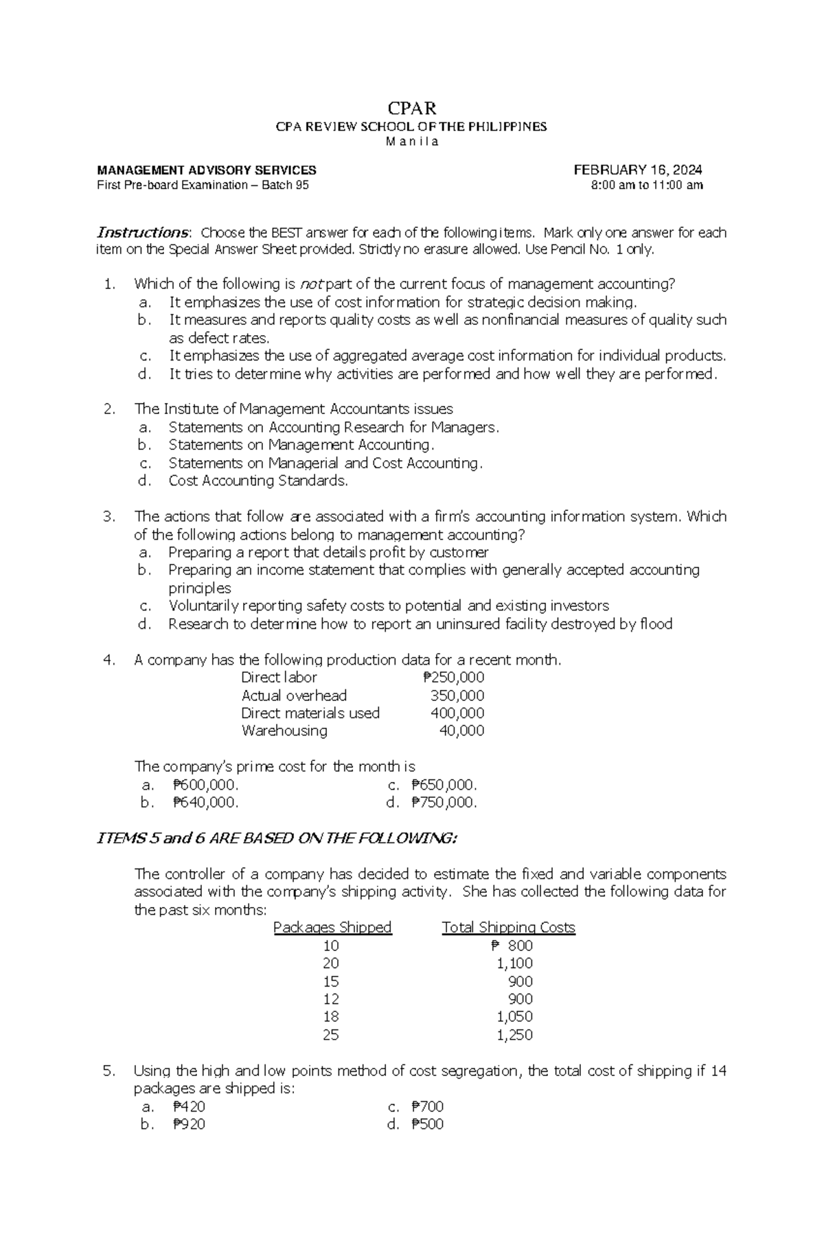 MAS First Preboard Exam Questions & Answers - Batch 95-1 - Studocu