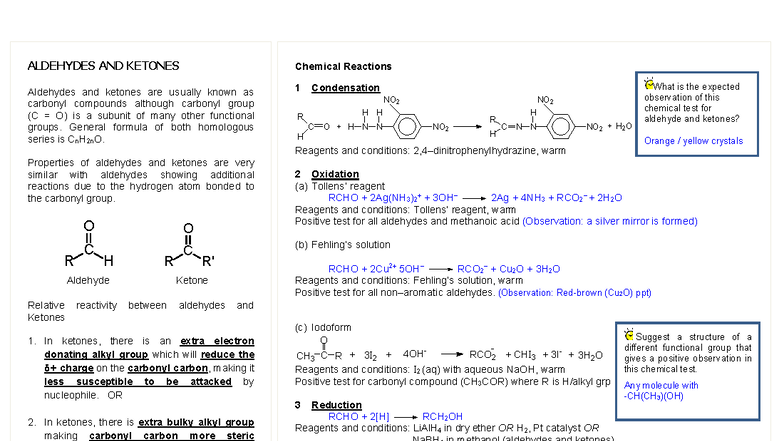 Chemical Reactions of Aldehydes and Ketones: A Study Guide (Carbonyl ...