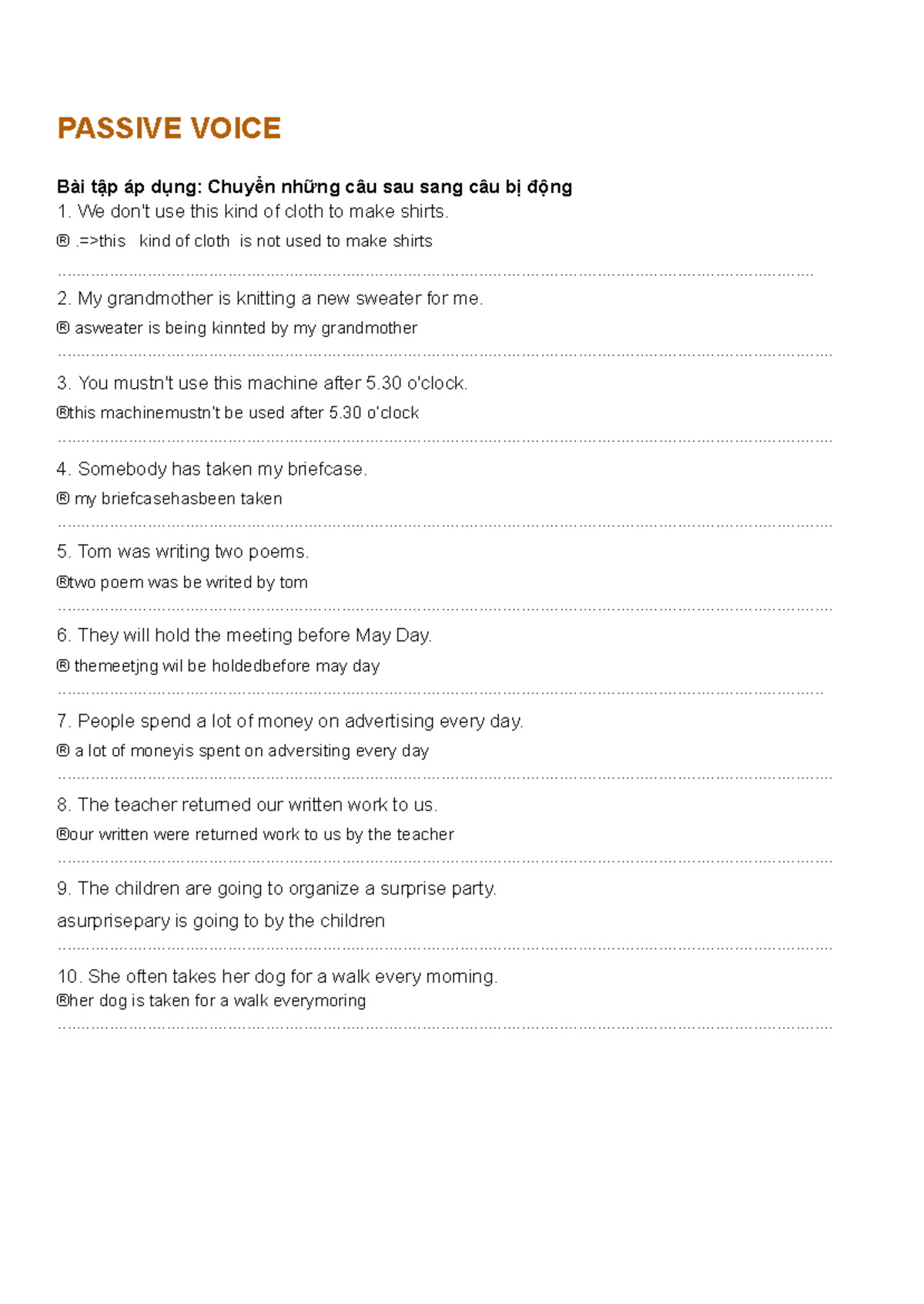 [E12-02] Passive Voice Exercises: Transforming Active to Passive - Studocu