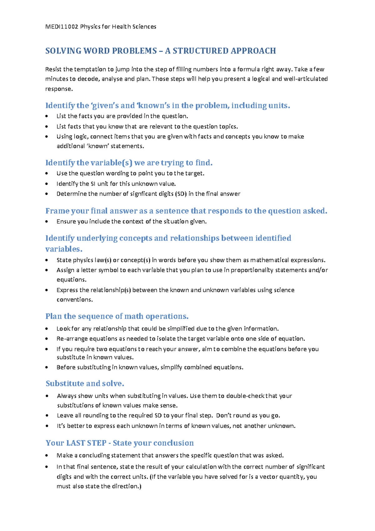 A Structured Approach to Solving Word Problems - MEDI11002 Physics for ...