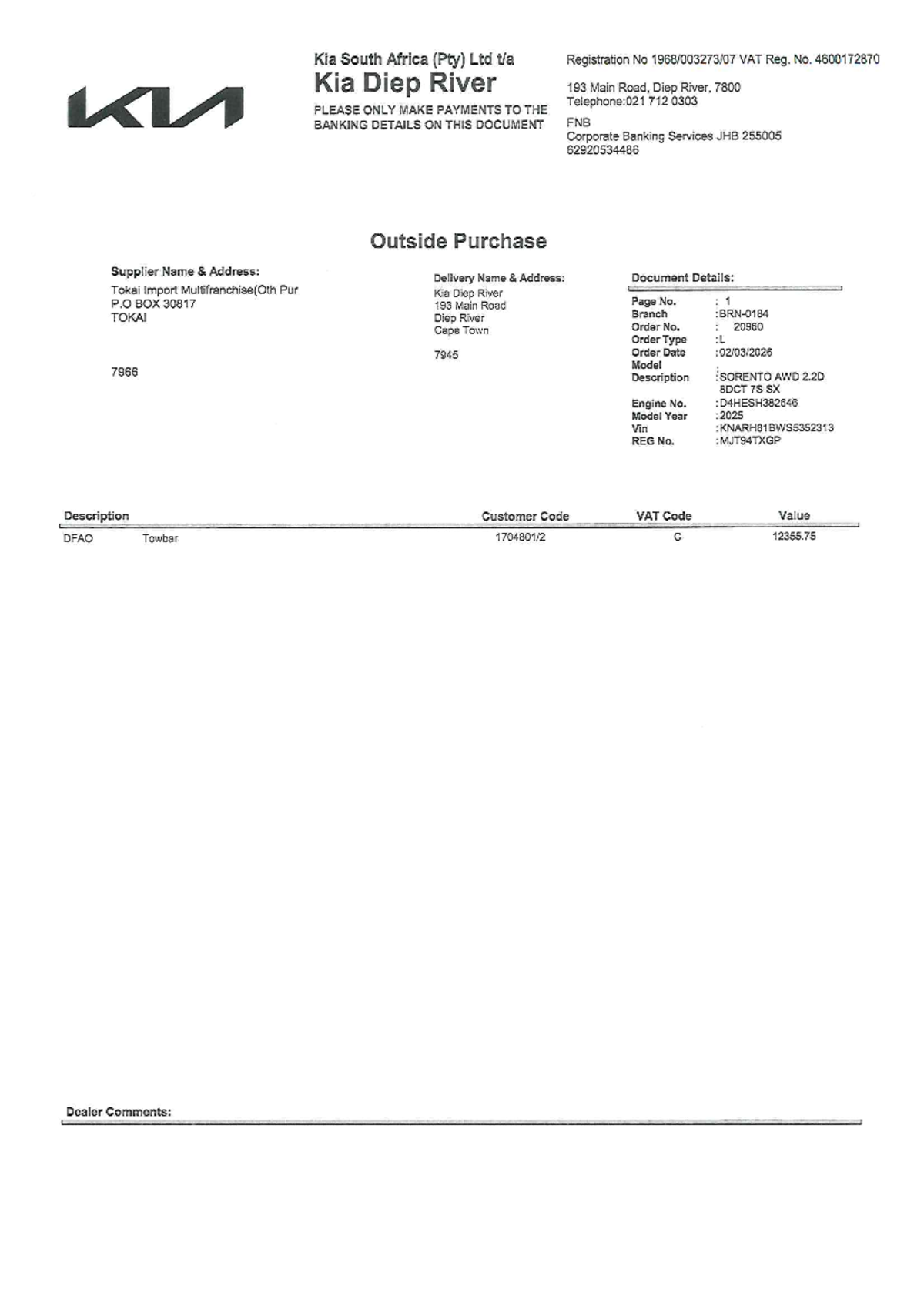 Kia South Africa Order Details - Sorento Towbar Invoice - Studocu