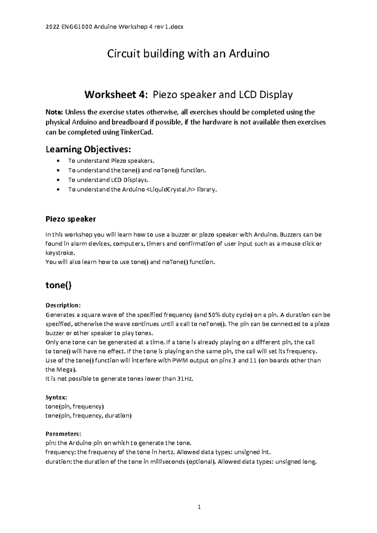Arduino Workshop 4: Piezo Speaker & LCD Display Exercises - Studocu