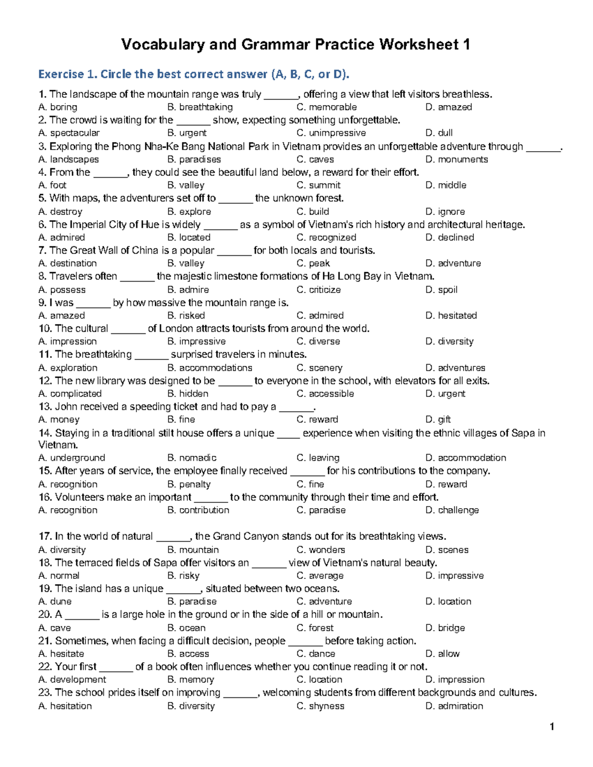 Grammar Vocabulary Practice Worksheet 1: Exercises and Answers - Studocu