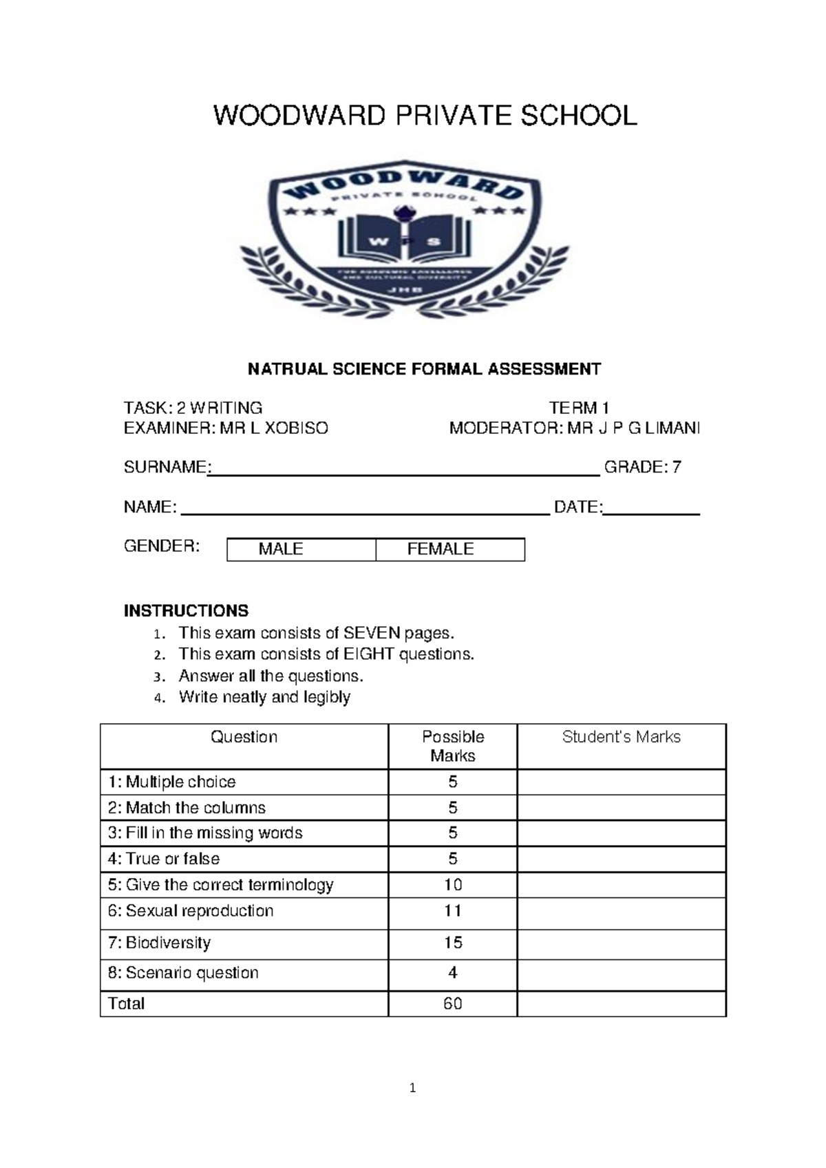 Grade 7 Natural Sciences Term 1 Assessment Guide - Studocu