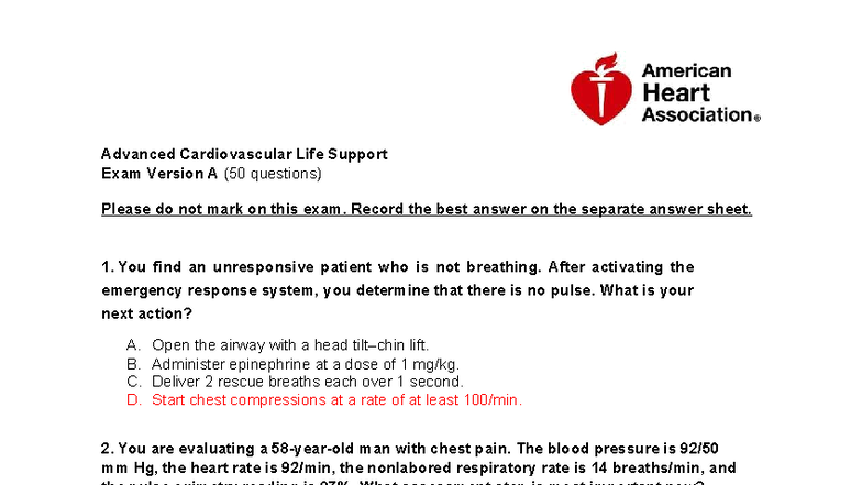 Advanced Cardiovascular Life Support (ACLS) Exam Version A - 50 ...