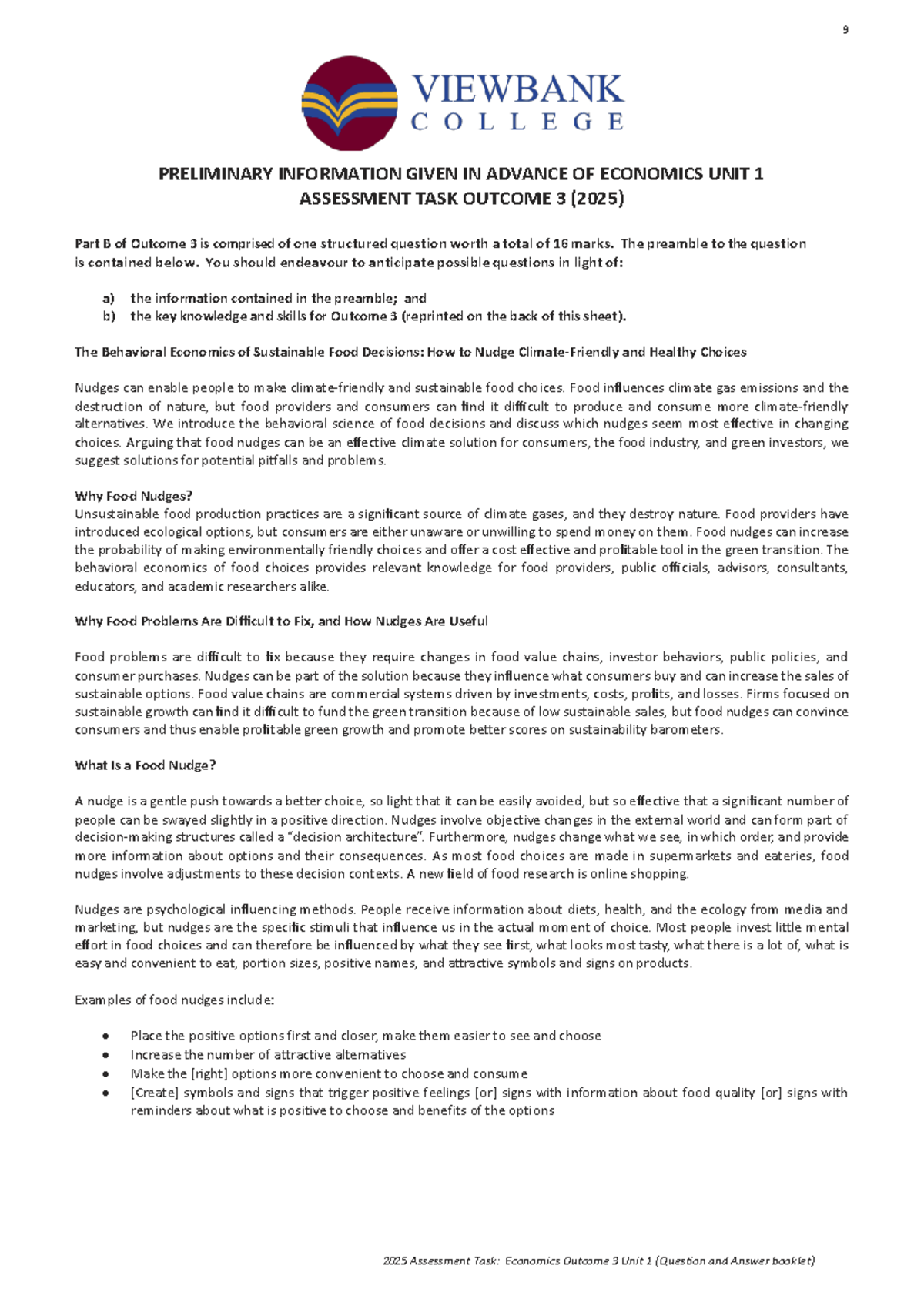 Viewbank Economics Unit 1 Outcome 3 2025 Assessment Task Guide - Studocu