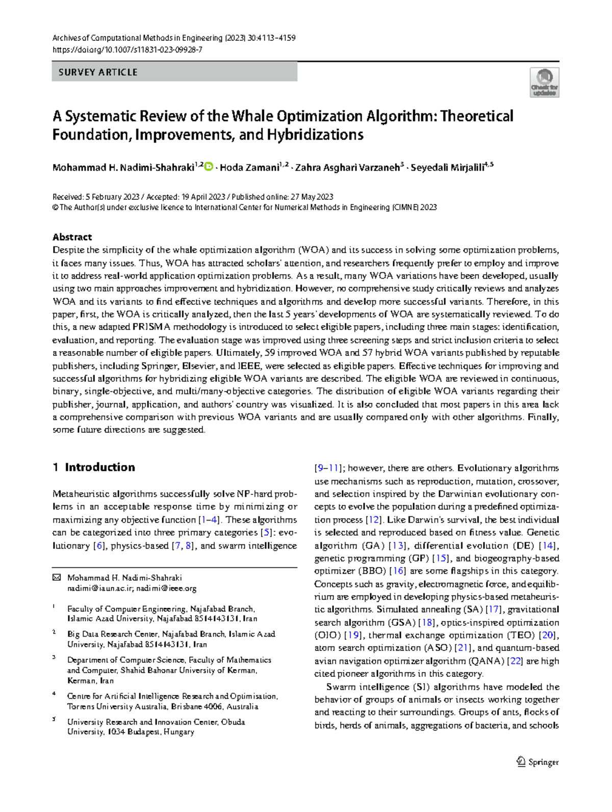 A Systematic Review of Whale Optimization Algorithm Variants (S11831) - Studocu