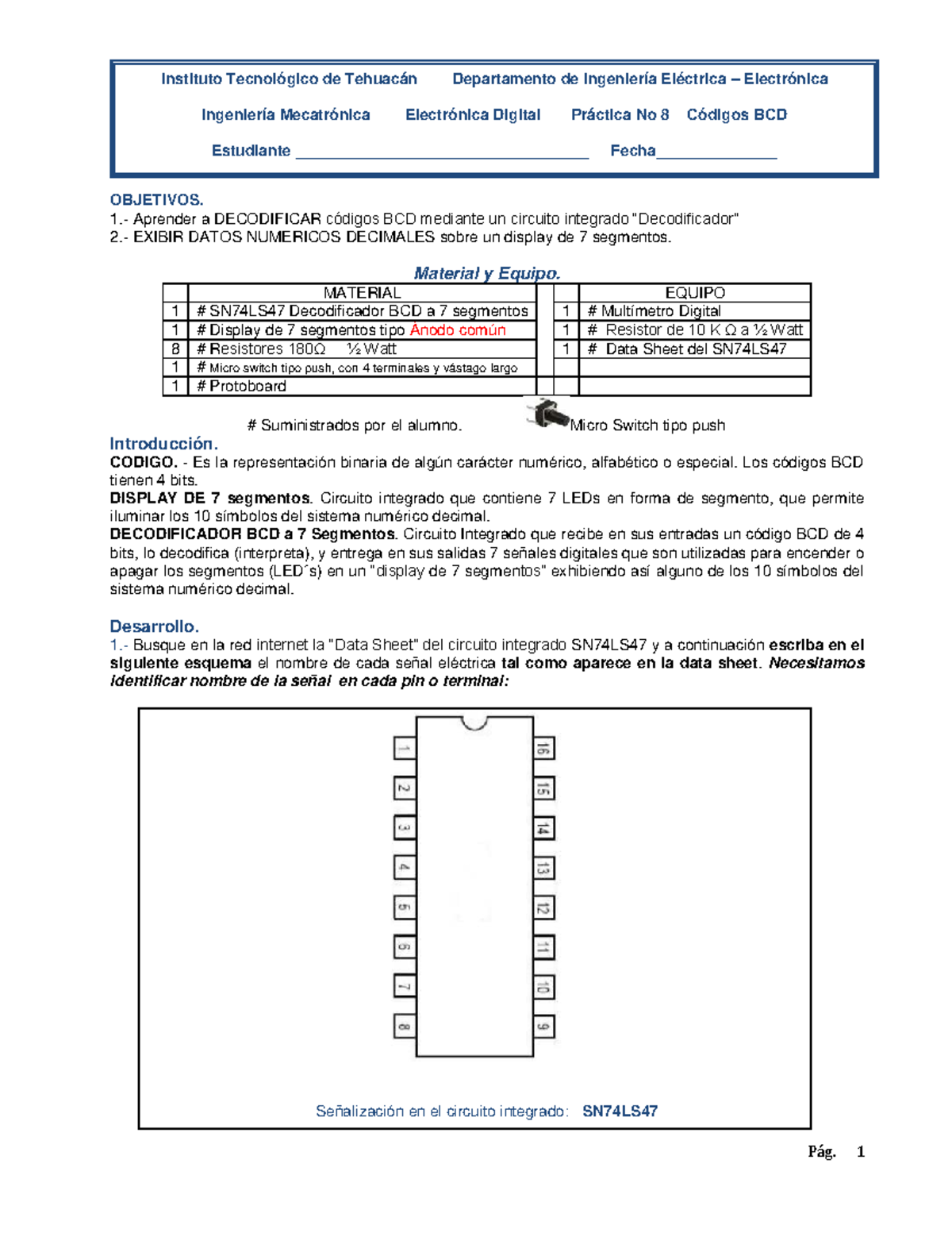 Práctica No. 8: Decodificación de Códigos BCD con SN74LS47 - Studocu