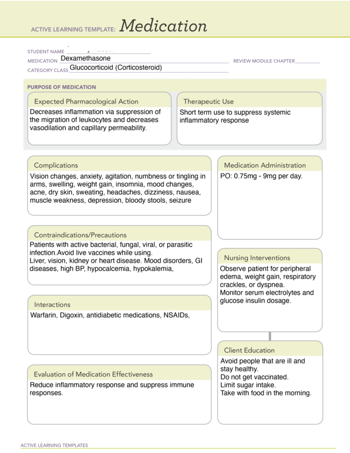 ATI Medication - Dexamethasone - ACTIVE LEARNING TEMPLATE: Me dication ...