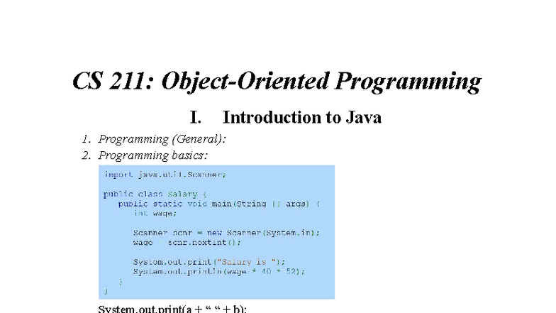 CS 211: Programming I - Java Basics and Concepts Overview - Studocu