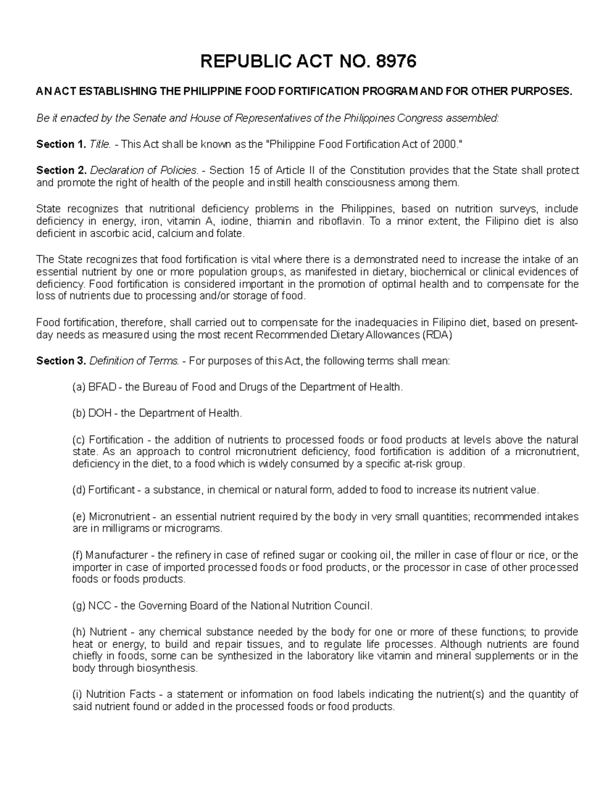 Philippine Food Fortification Act (Republic Act No. 8976) Overview ...