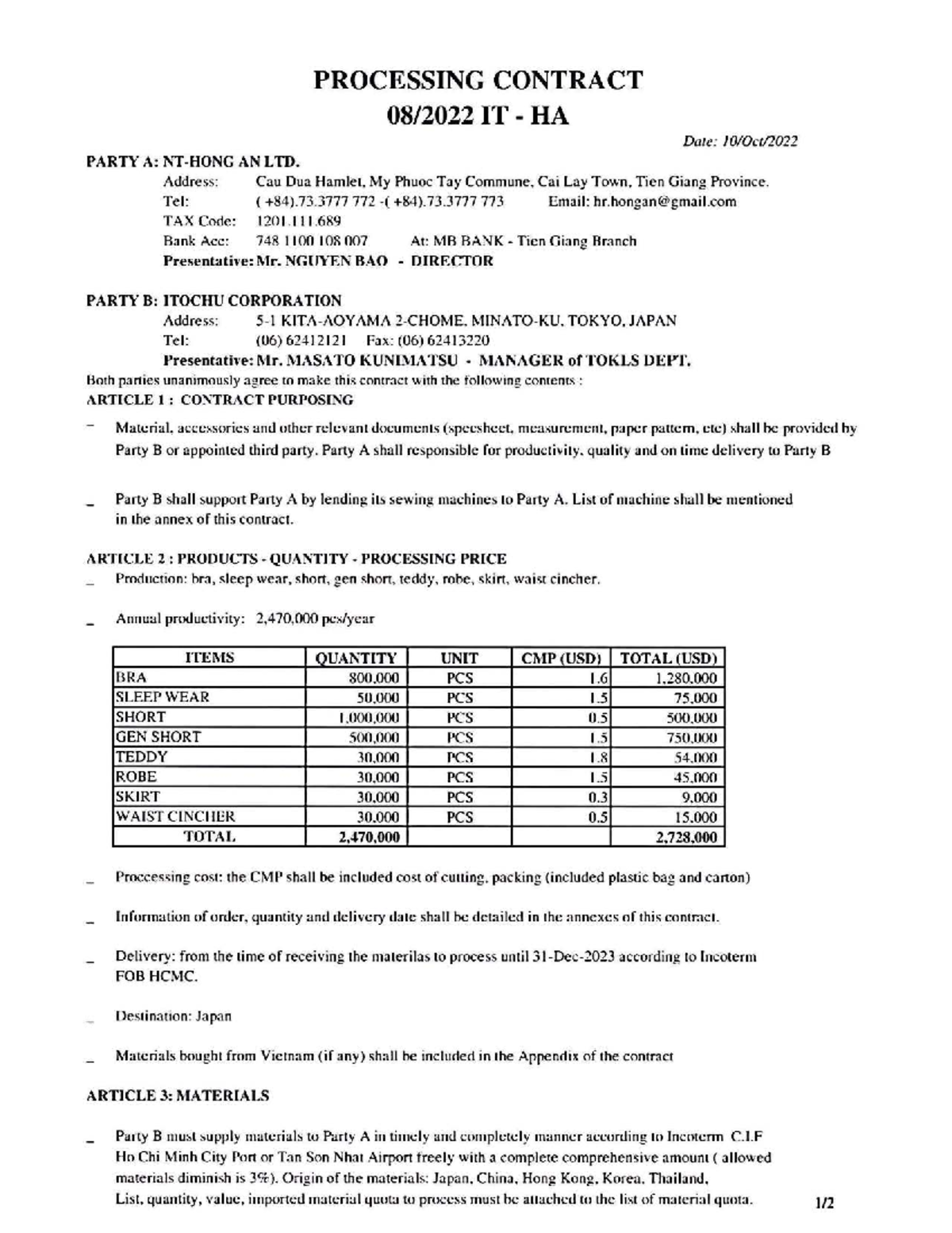 Processing Contract IT HA: Agreement Between AN LTD and ITOCHU ...