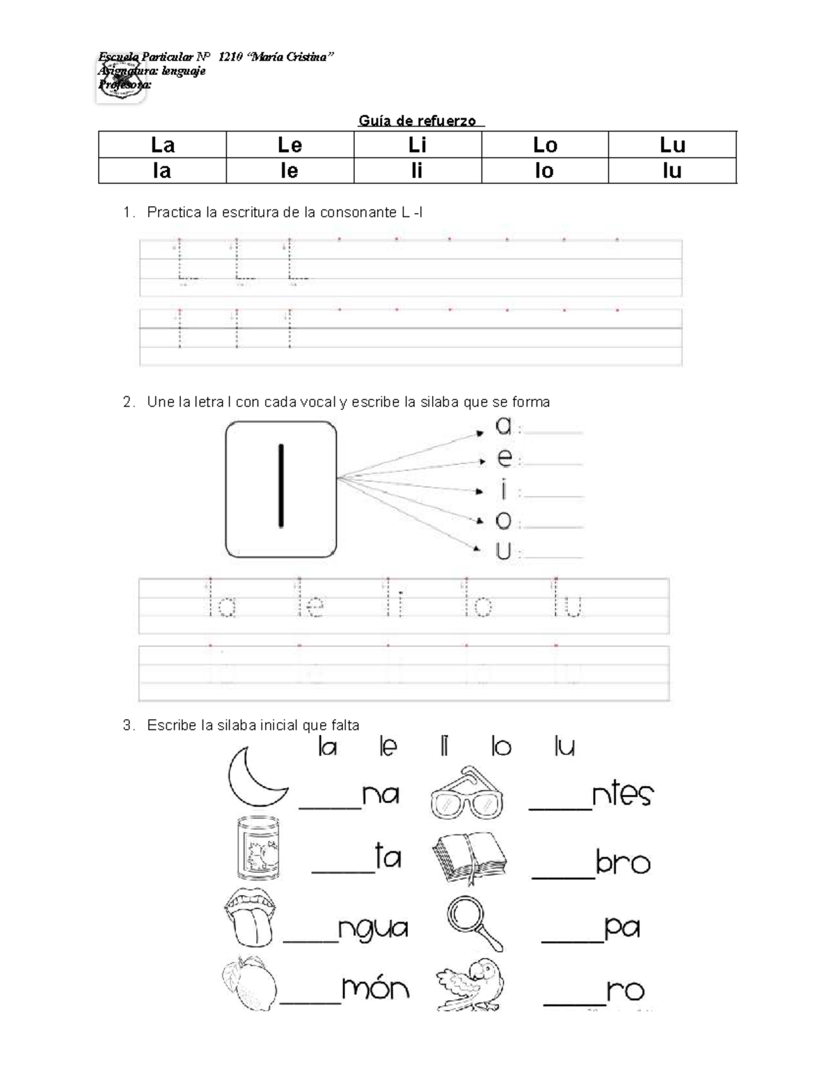 Refuerzo de Lenguaje 2DO - Prácticas de la Consonante L - Studocu