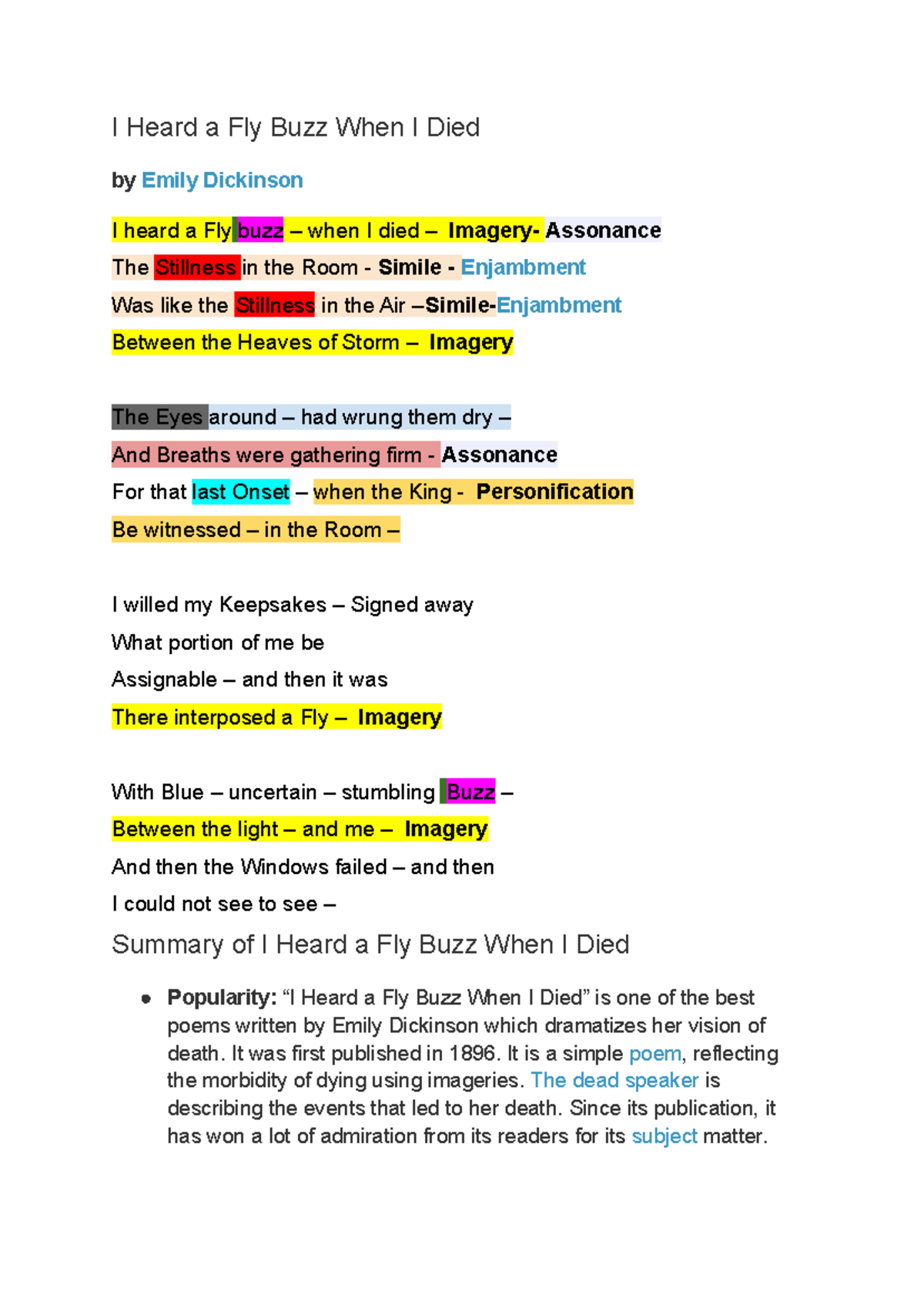 Analysis of Poetic Devices in Emily Dickinson's Poem: I Heard a Fly ...